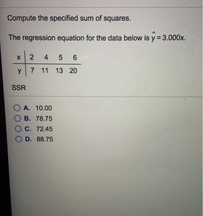 Solved Compute the specified sum of squares. The regression | Chegg.com