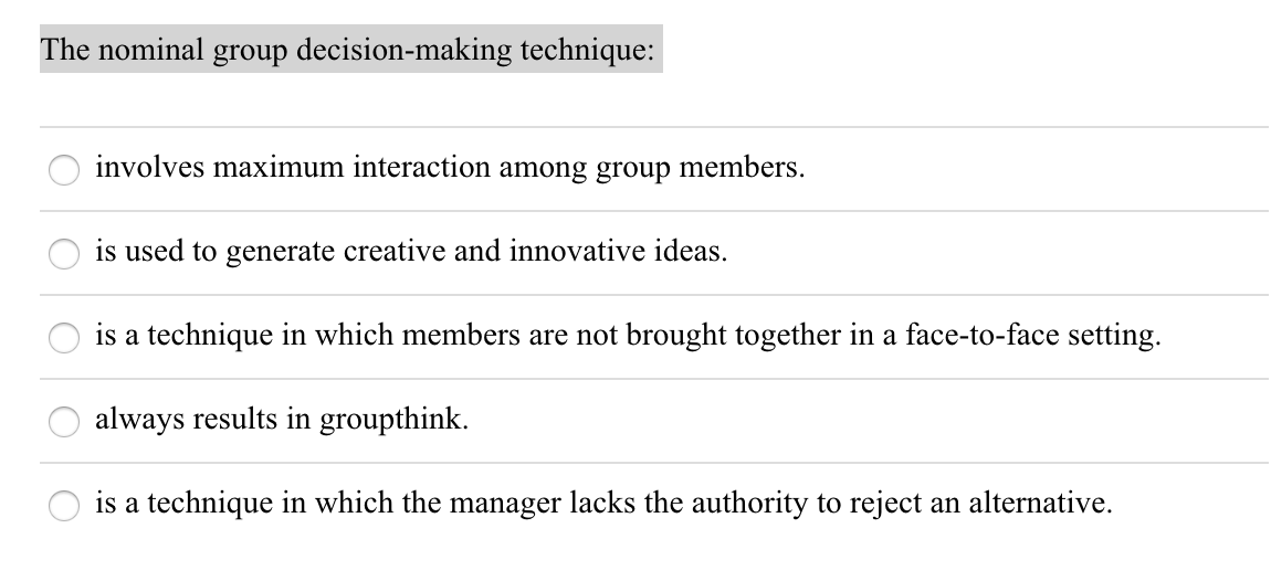 Solved The nominal group decision-making technique: O | Chegg.com