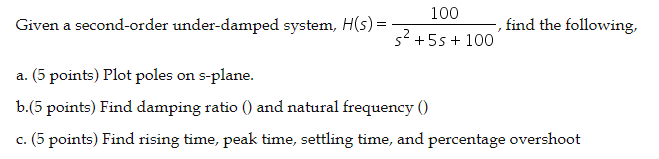 Solved 100 Given a second-order under-damped system, H(s) = | Chegg.com