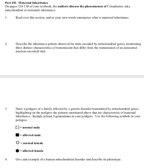 Solved Part III: Maternal Inheritance On pages 128-130 of | Chegg.com