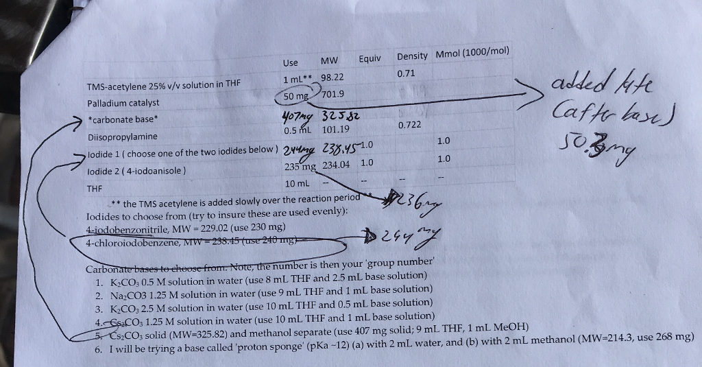 Solved Use MW Equiv Density Mmol (1000/mol) 1 mL 98.22 50 mg | Chegg.com