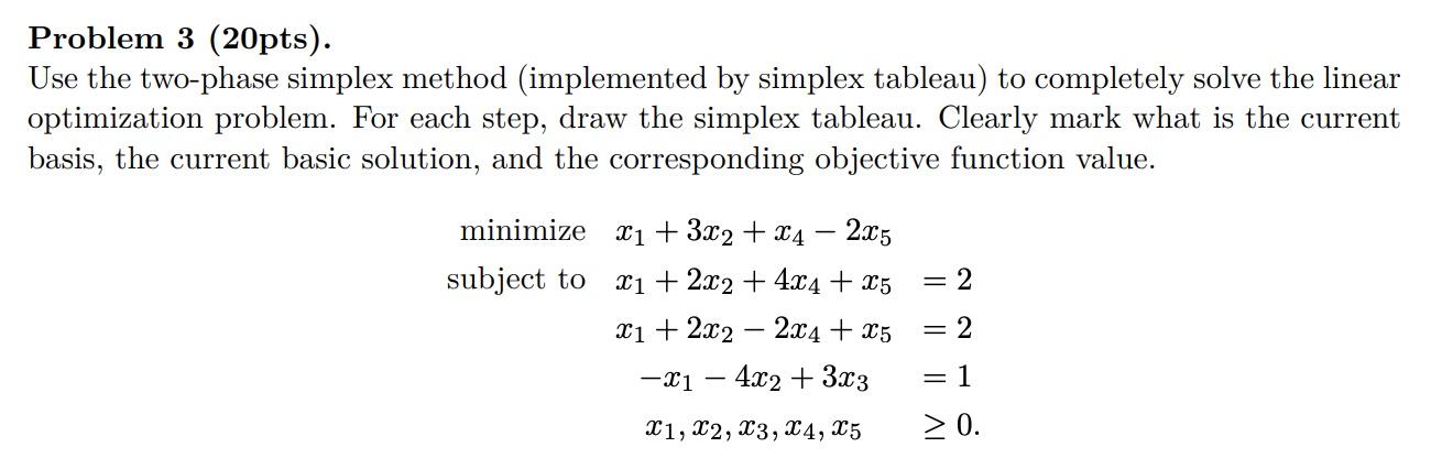 Solved Problem 3 20pts Use The Two Phase Simplex Method 4586