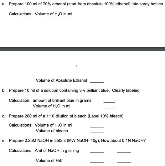 Solved a. Prepare 100 ml of 70% ethanol (start from absolute | Chegg.com