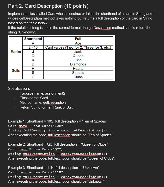 Solved Part 2. Card Description (10 points) Implement a | Chegg.com