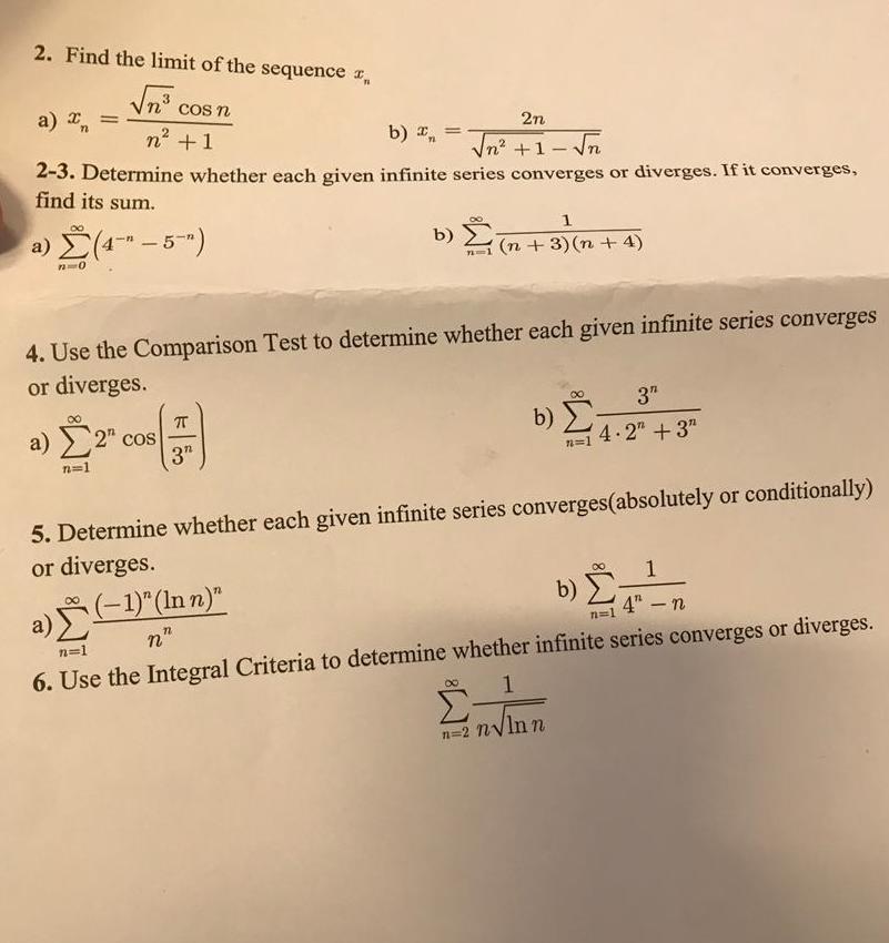 Solved 2. Find the limit of the sequence : a) 2n COS n na +1 | Chegg.com
