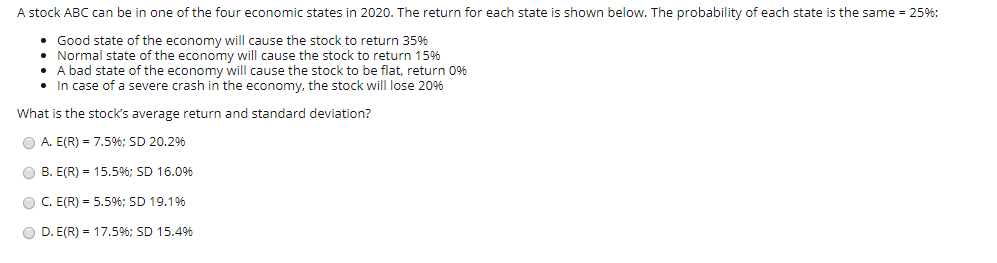 Solved A stock ABC can be in one of the four economic states | Chegg.com