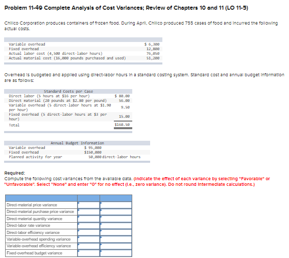 Solved Problem 11-49 Complete Analysls of Cost Verlences; | Chegg.com Solved Problem 11-49 Complete Analysls of Cost Verlences; | Chegg.com