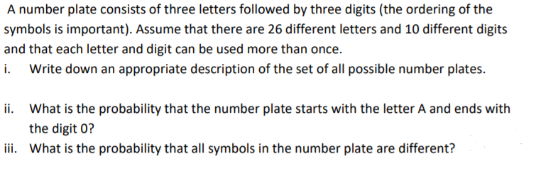 Solved A number plate consists of three letters followed by | Chegg.com