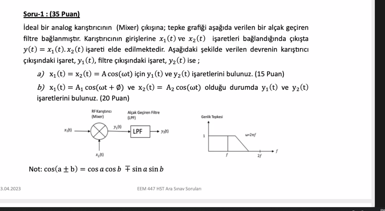 Solved An ideal analog mixer (Mixer) output; A low-pass | Chegg.com