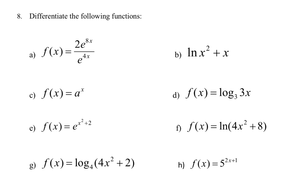 Solved 8. Differentiate the following functions 2e&r a) f(x) | Chegg.com