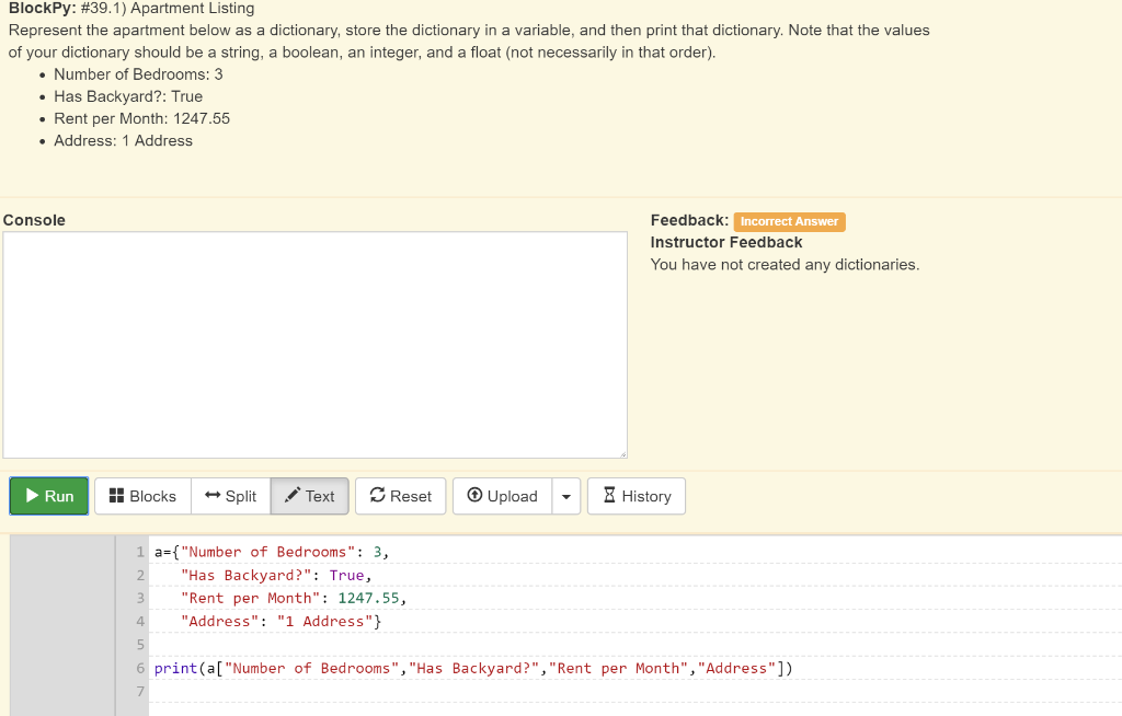 Solved BlockPy: #39.1) Apartment Listing Represent the | Chegg.com