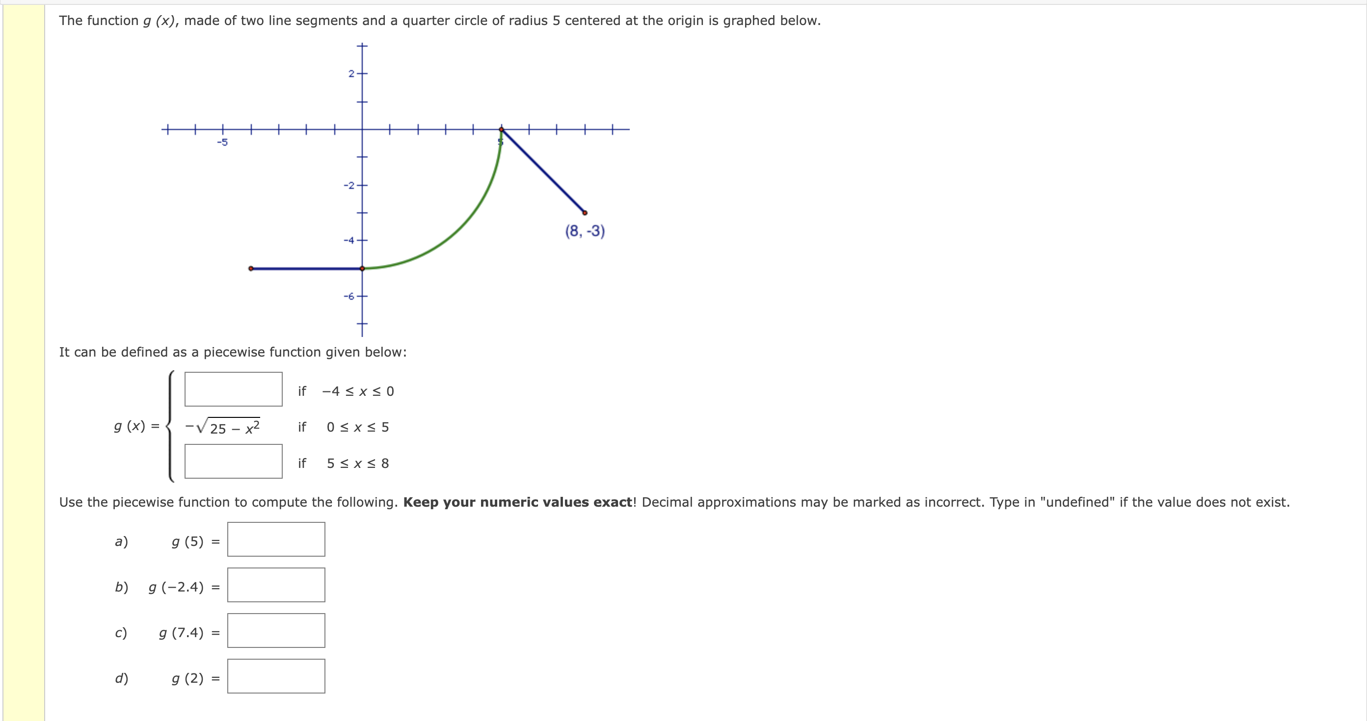 Solved The function g(x), ﻿made of two line segments and a | Chegg.com