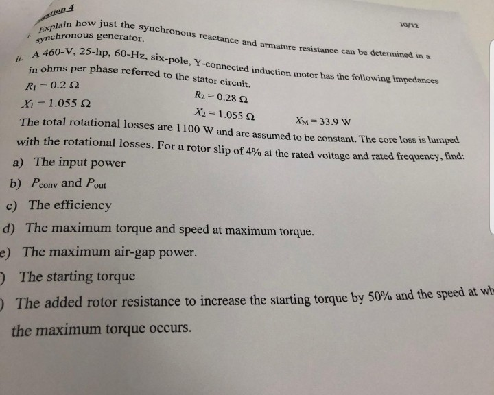 Solved tion 4 10/12 how just the synchronous reactance and | Chegg.com