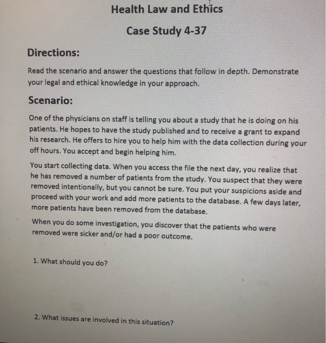 Solved Health Law and Ethics Case Study 4-37 Directions: | Chegg.com
