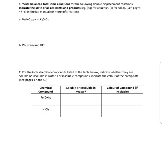 Solved 1. Write balanced total ionic equations for the | Chegg.com