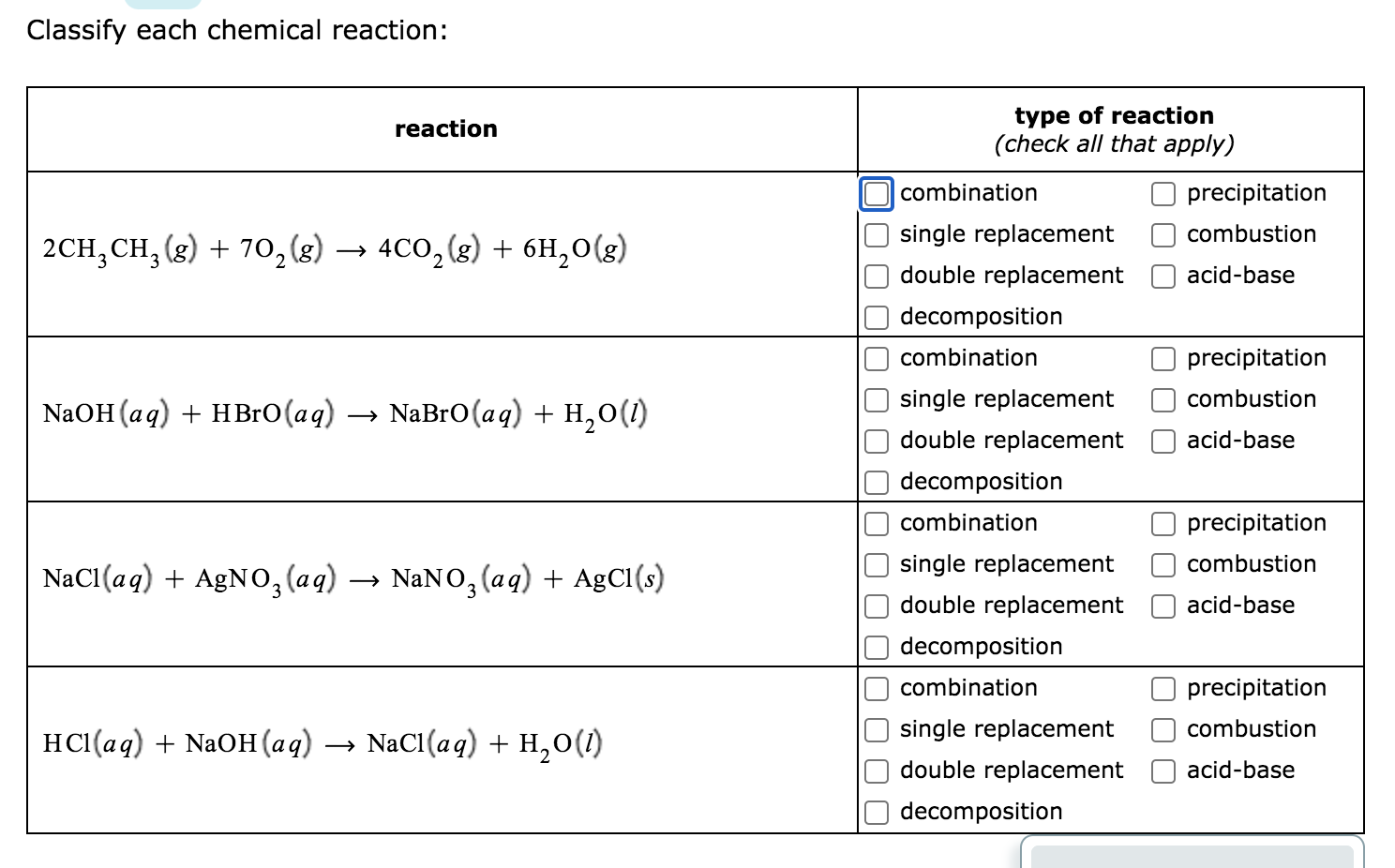 Solved Classify each chemical reaction: reaction 2CH, CH, | Chegg.com