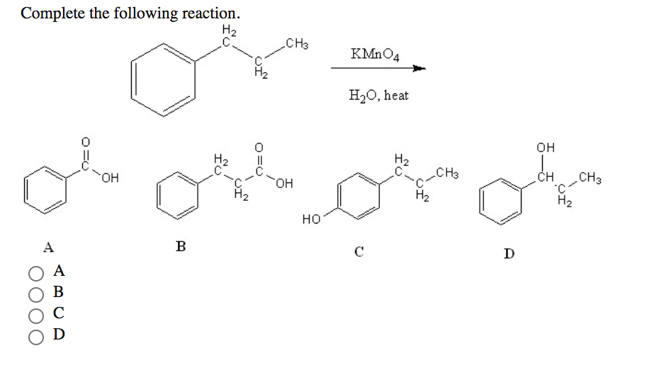 Solved Complete the following reaction. H2 CH3 KMnO4 H20, | Chegg.com