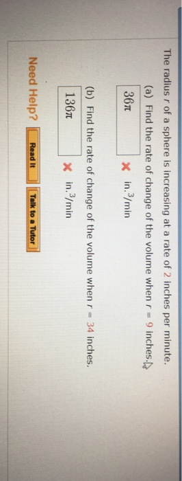 Solved The radius r of a sphere is increasing at a rate of 2 | Chegg.com