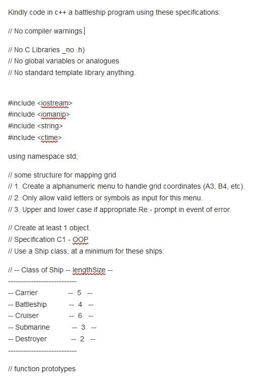 Solved Kindly code in C++ a battleship program using these | Chegg.com