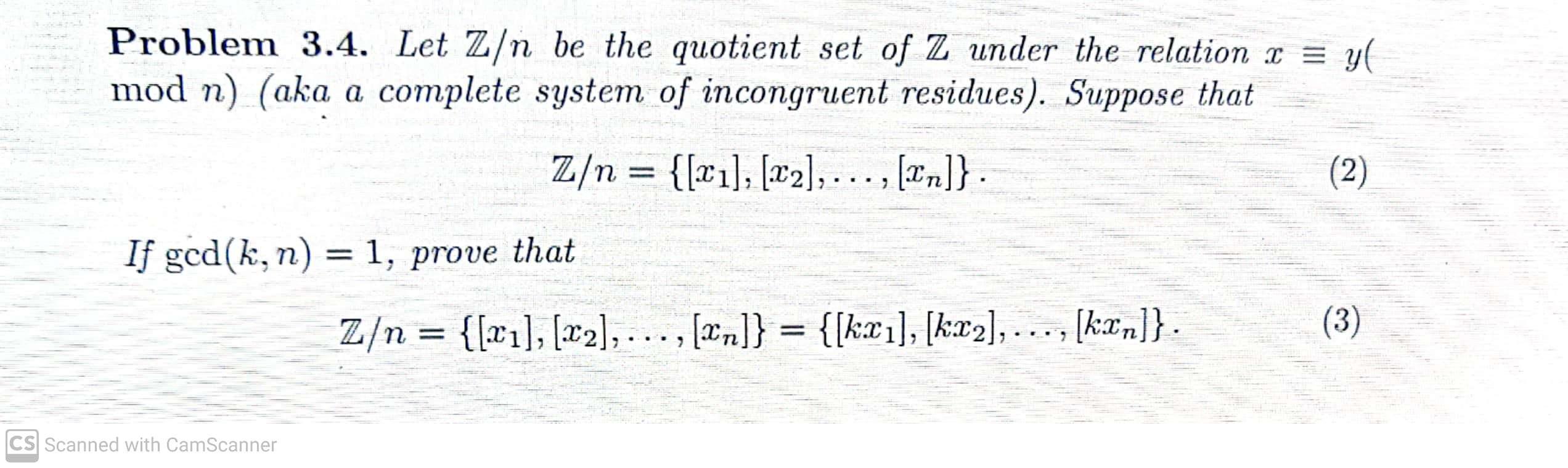 Solved Problem 3.4. Let Z/n be the quotient set of Z under | Chegg.com