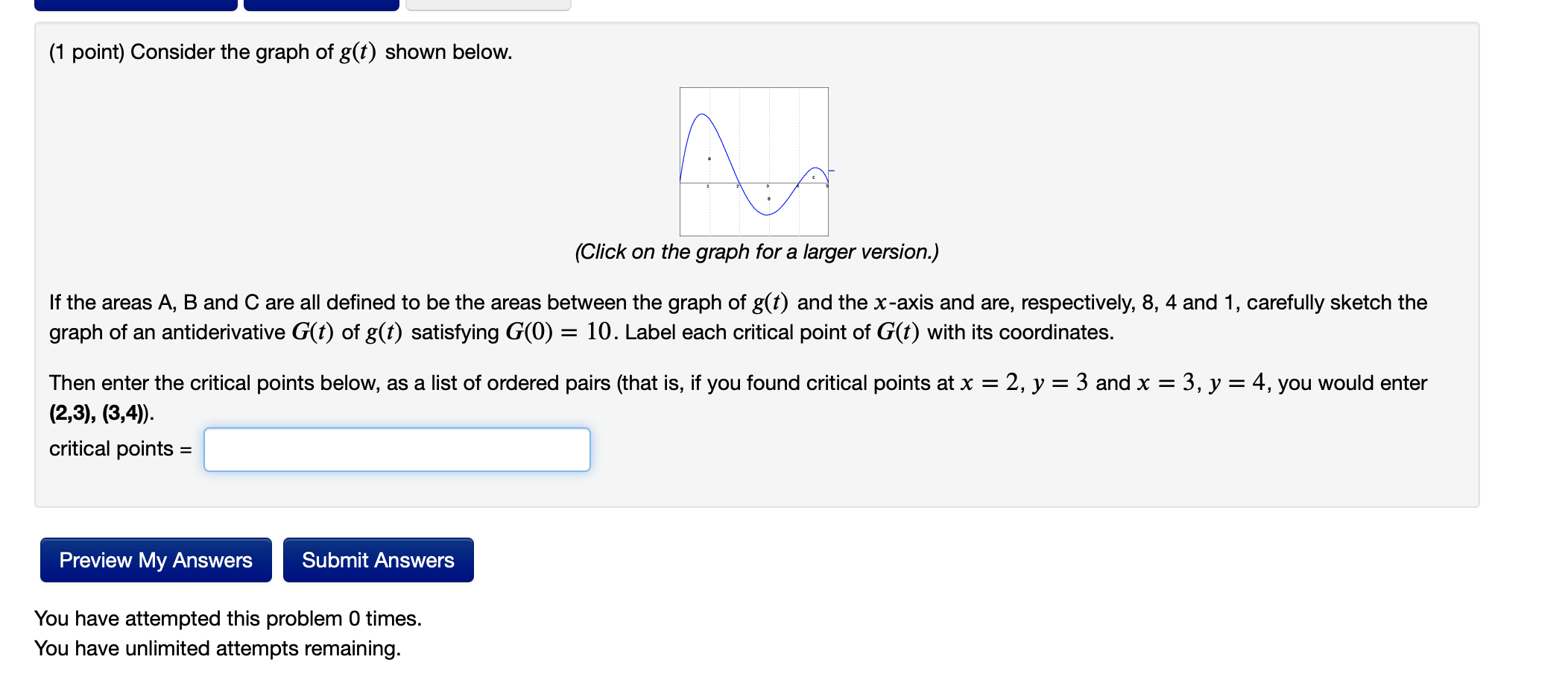 Solved (1 point) Consider the graph of g(t) shown below. | Chegg.com