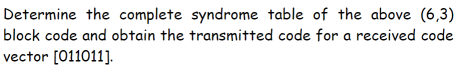 Solved Determine the generator matrix, G, of the above (6,3) | Chegg.com