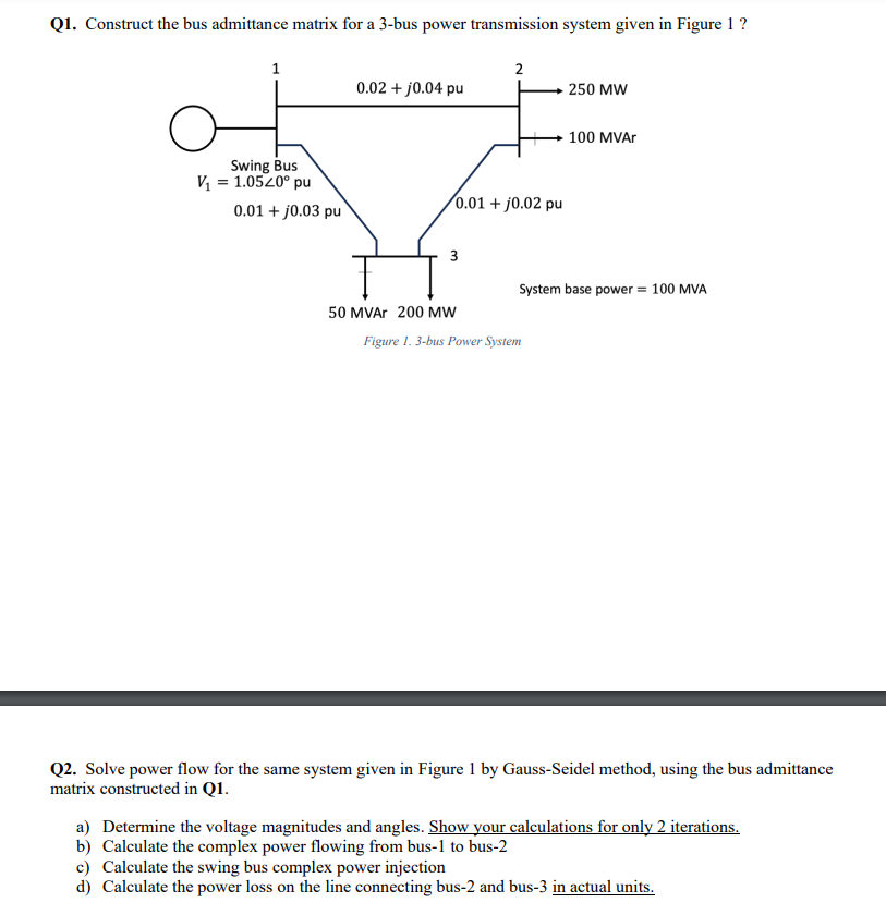 Solved Q1. ﻿Construct the bus admittance matrix for a 3-bus | Chegg.com
