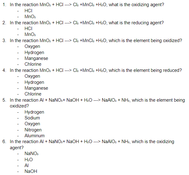 Solved 1. In the reaction MnO2 + HCI ---> Cl2 +MnCl2 +H20, | Chegg.com