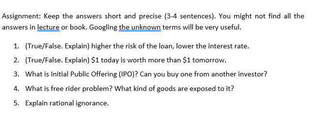 Solved Assignment: Keep the answers short and precise (3-4 | Chegg.com