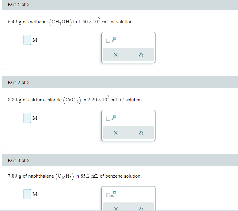 Solved Part 1 ﻿of 36.49g ﻿of methanol (CH3OH) ﻿in 1.50×102mL | Chegg.com