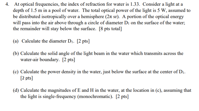 Solved 4. At optical frequencies, the index of refraction | Chegg.com