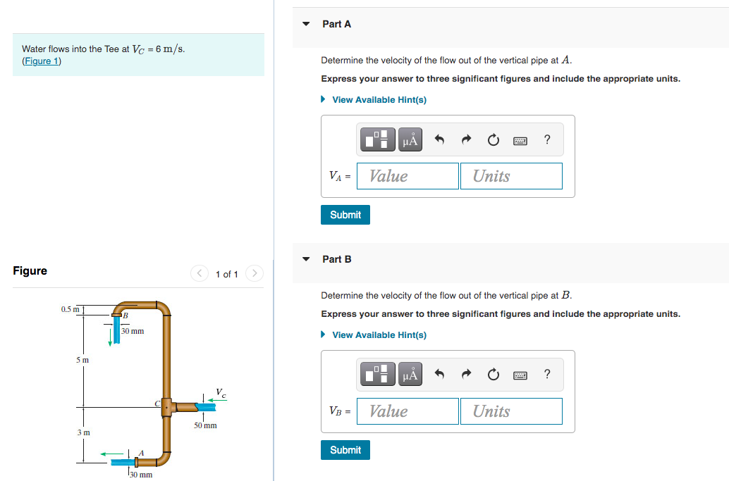 Solved Water flows into the Tee at VC=6 m/s. Determine the | Chegg.com