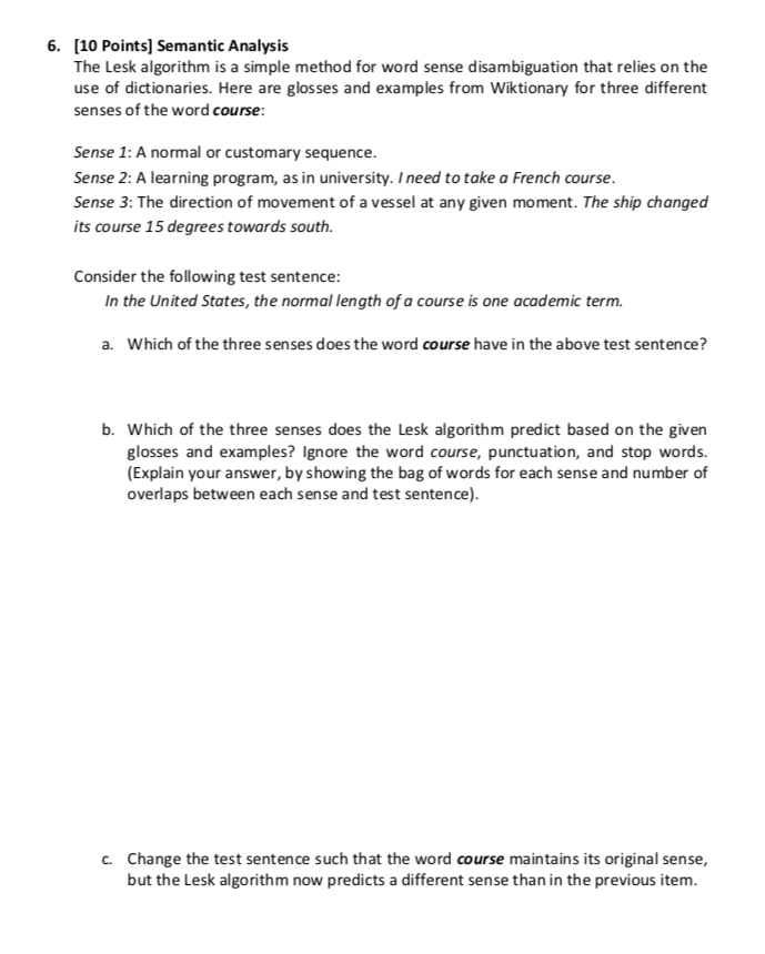 6. [10 Points] Semantic Analysis The Lesk algorithm | Chegg.com