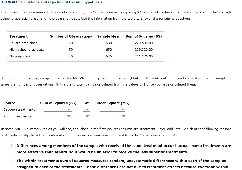 Solved 3 ANOVA Calculations And Rejection Of The Null Chegg