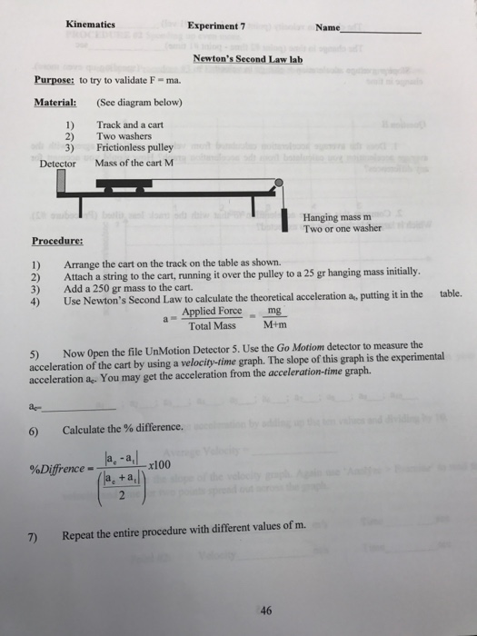 Kinematics Experiment 7 Name Newton's Second Law lab | Chegg.com