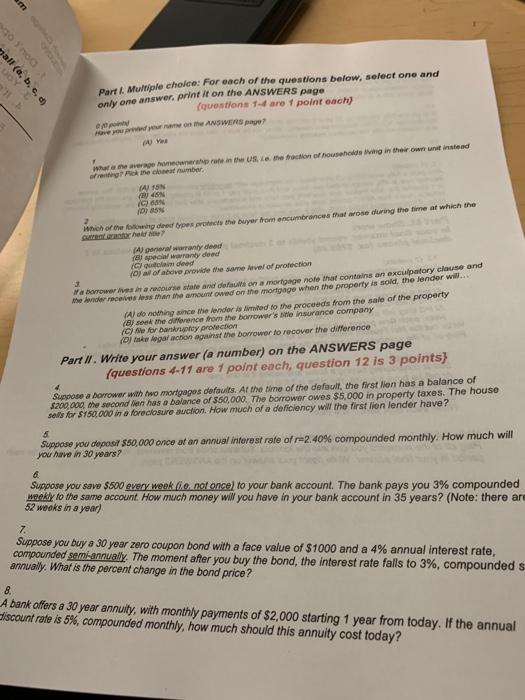 Solved Part L. Multiple choice: For each of the questions | Chegg.com