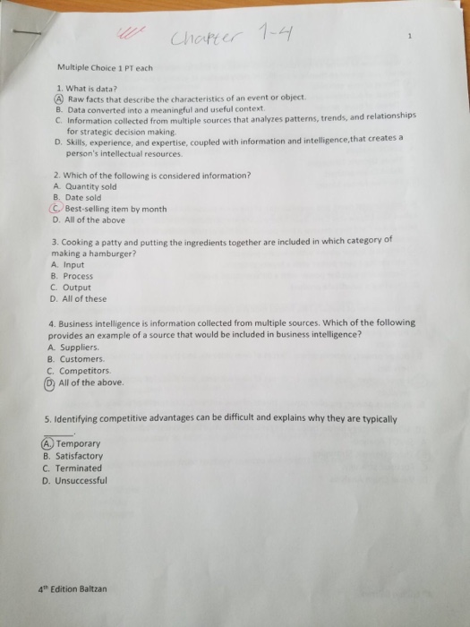 Solved Multiple Choice 1 PT each 1. What is data? Raw facts | Chegg.com