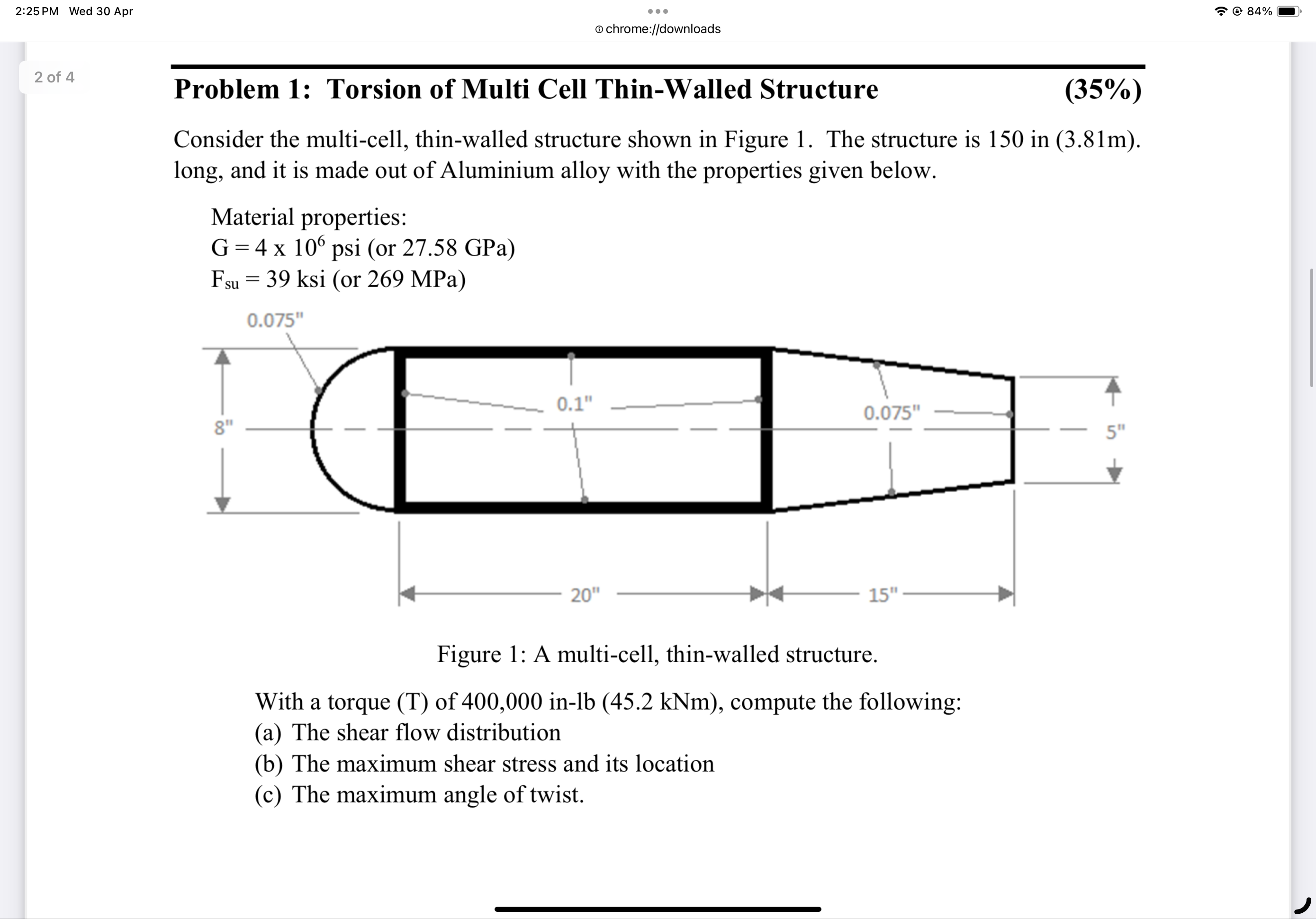 Solved Aircraft engineering Problem 1: Torsion of Multi Cell | Chegg.com