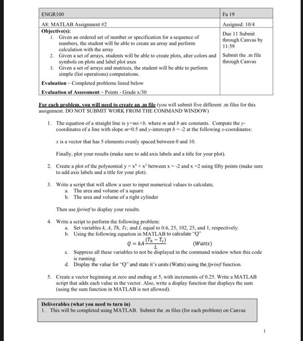 Solved ENGR 100 Fa 19 A8: MATLAB Assignment #2 Objective(s): | Chegg.com