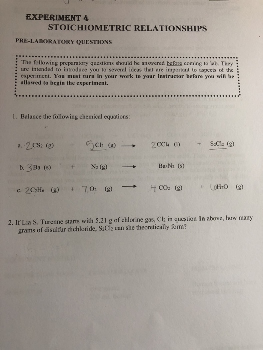 Solved EXPERIMENT 4 STOICHIOMETRIC RELATIONSHIPS | Chegg.com