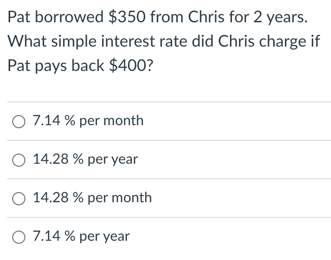 Solved Pat borrowed $350 from Chris for 2 years. What simple | Chegg.com
