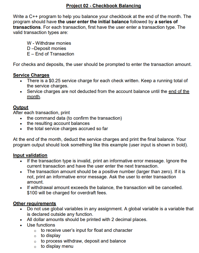 Solved Project 02 - Checkbook Balancing Write a C++ program | Chegg.com