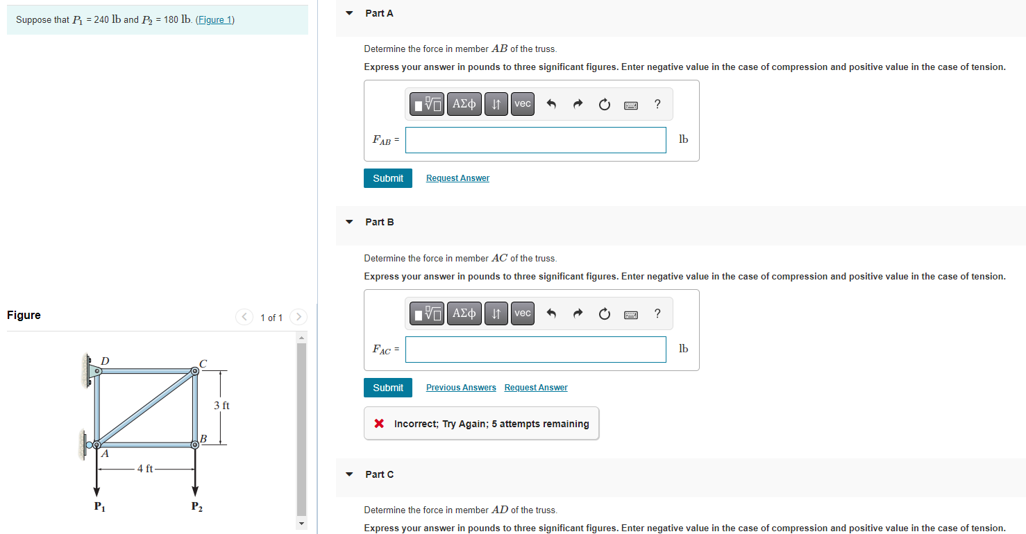 Solved Suppose that P1=240lb and P2=180lb. (Figure 1) ∇ Part | Chegg.com