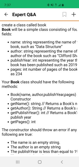 Solved 7:37 f Expert Q&A + create a class called book Book | Chegg.com