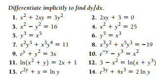 Solved Differentiate implicitly to find dy/dx. 1. x2 + 2xy = | Chegg.com