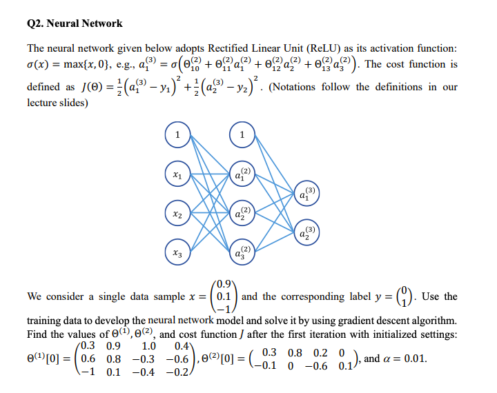 Q2. Neural Network The neural network given below | Chegg.com