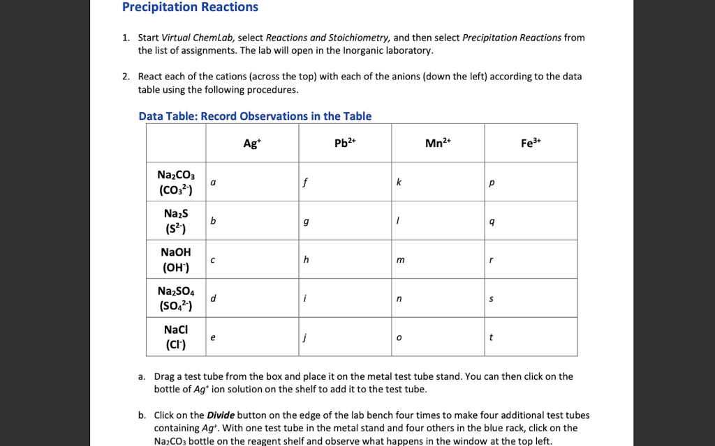 Solved Precipitation Reactions 1. Start Virtual ChemLab, | Chegg.com
