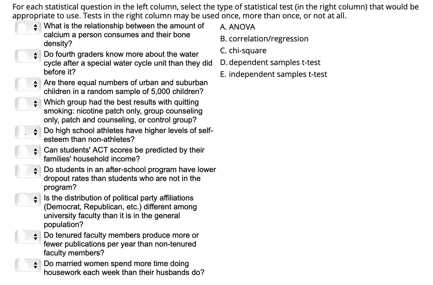 Solved For each statistical question in the left column, | Chegg.com