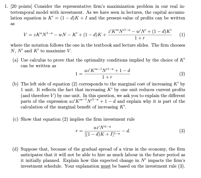 Solved 1. [20 points] Consider the representative firm's | Chegg.com