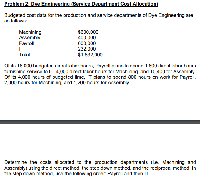 Solved Problem 2: Dye Engineering (Service Department Cost | Chegg.com